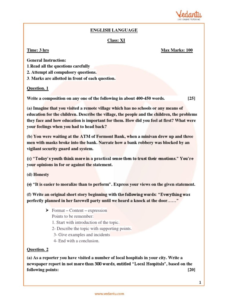 ISC Sample Papers For Class 11 English Paper 2 | PDF