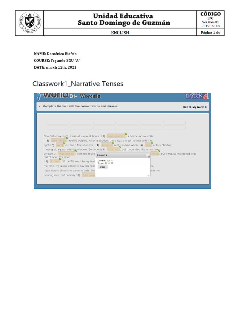 Classwork1 - Narrative Tenses - Doménica Riofrío | PDF