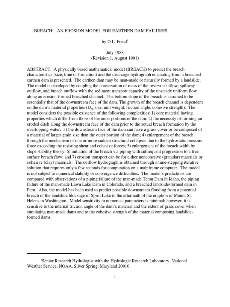 FREAD. Breach - An Erosion Model For Earthen Dam Failures | PDF