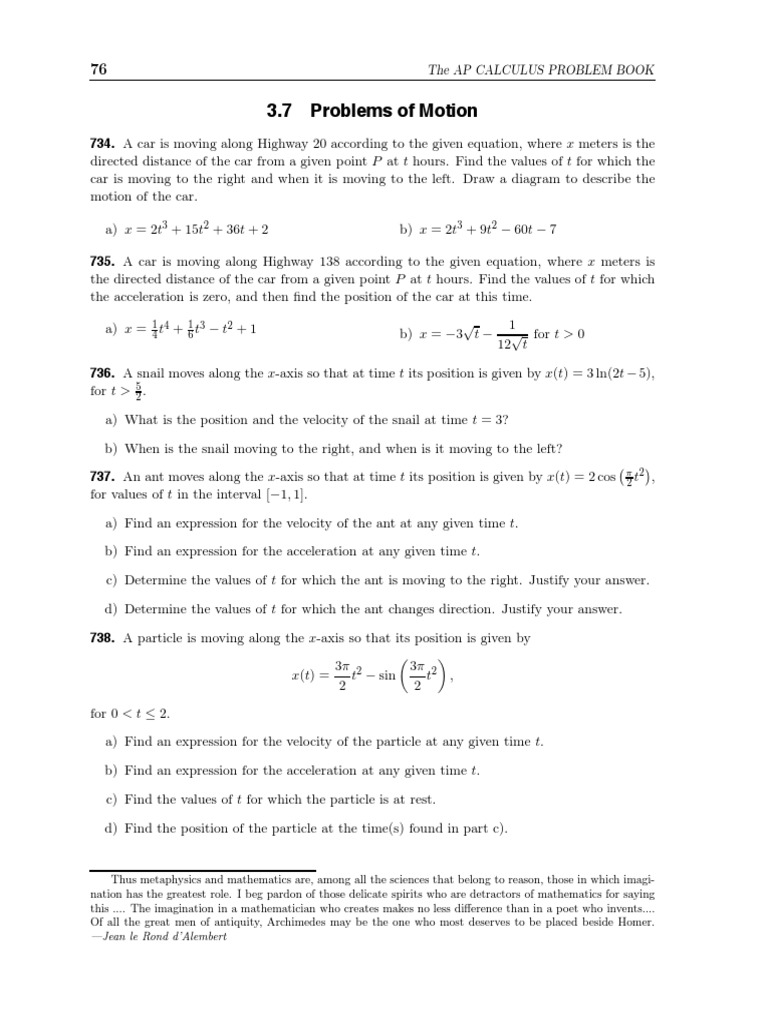 3.7 Problems of Motion: The Ap Calculus Problem Book | PDF