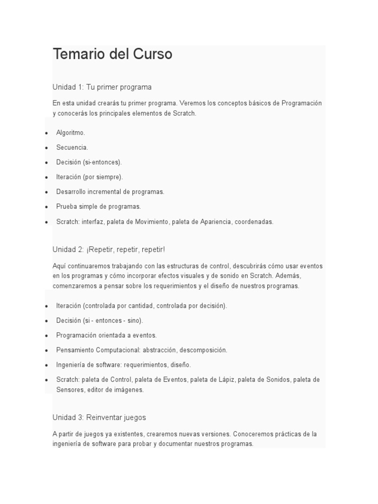 Temario Del Curso | PDF | Scratch (lenguaje de programación) | Software