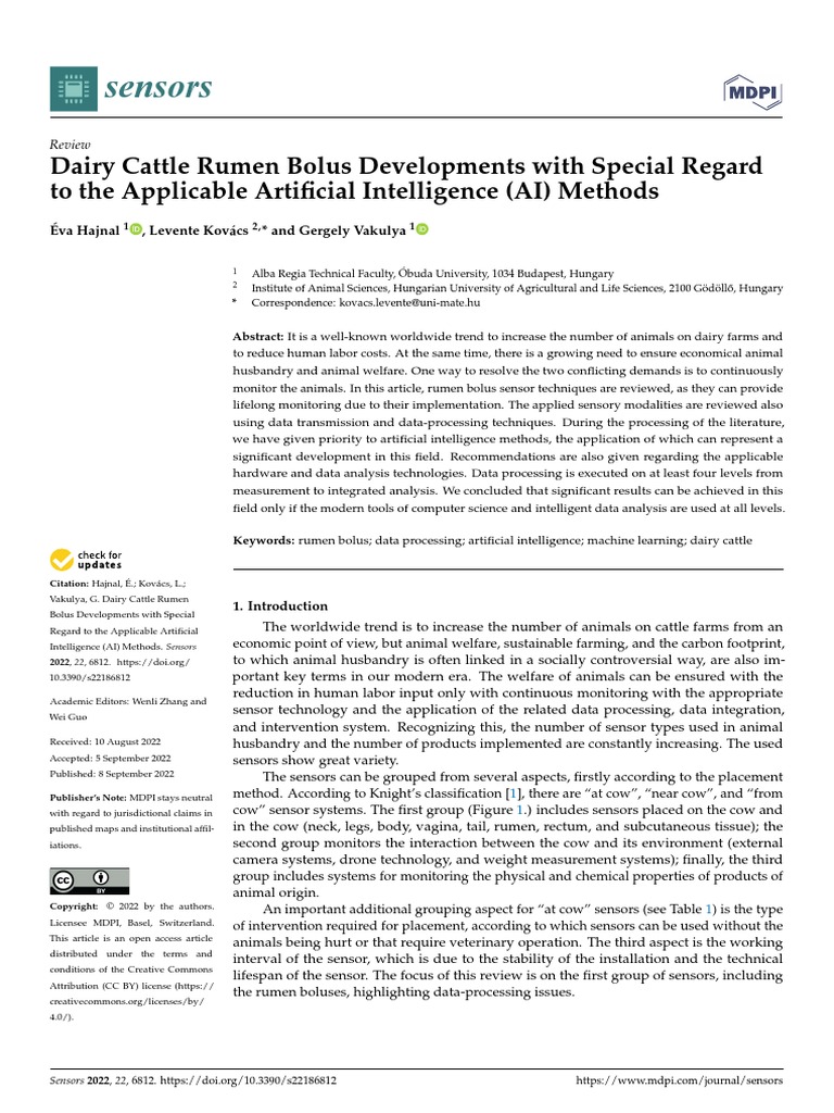 Sensors: Dairy Cattle Rumen Bolus Developments With Special Regard To ...