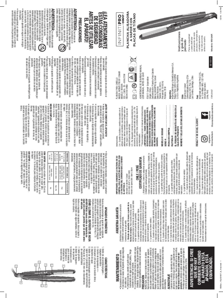 Conair Product Instruction Booklet Ss9500ar Plancha Alisadora Con Vapor ...