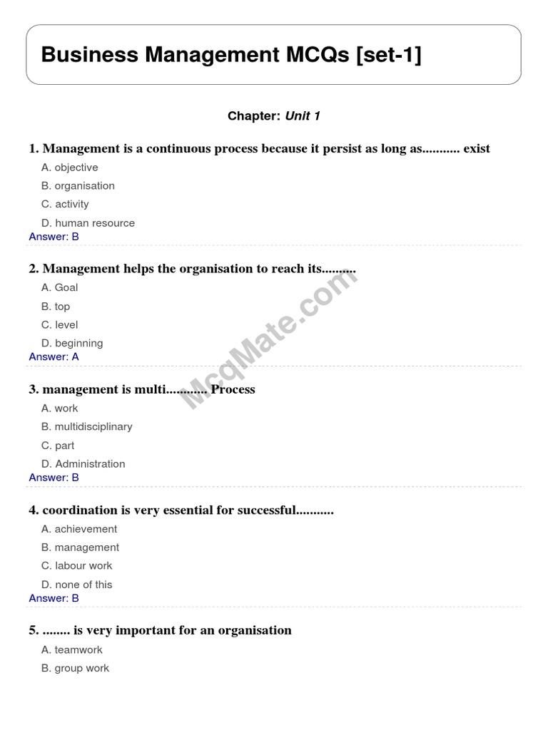 Business Management Mcqs (Set-1) : Chapter: Unit 1 | PDF