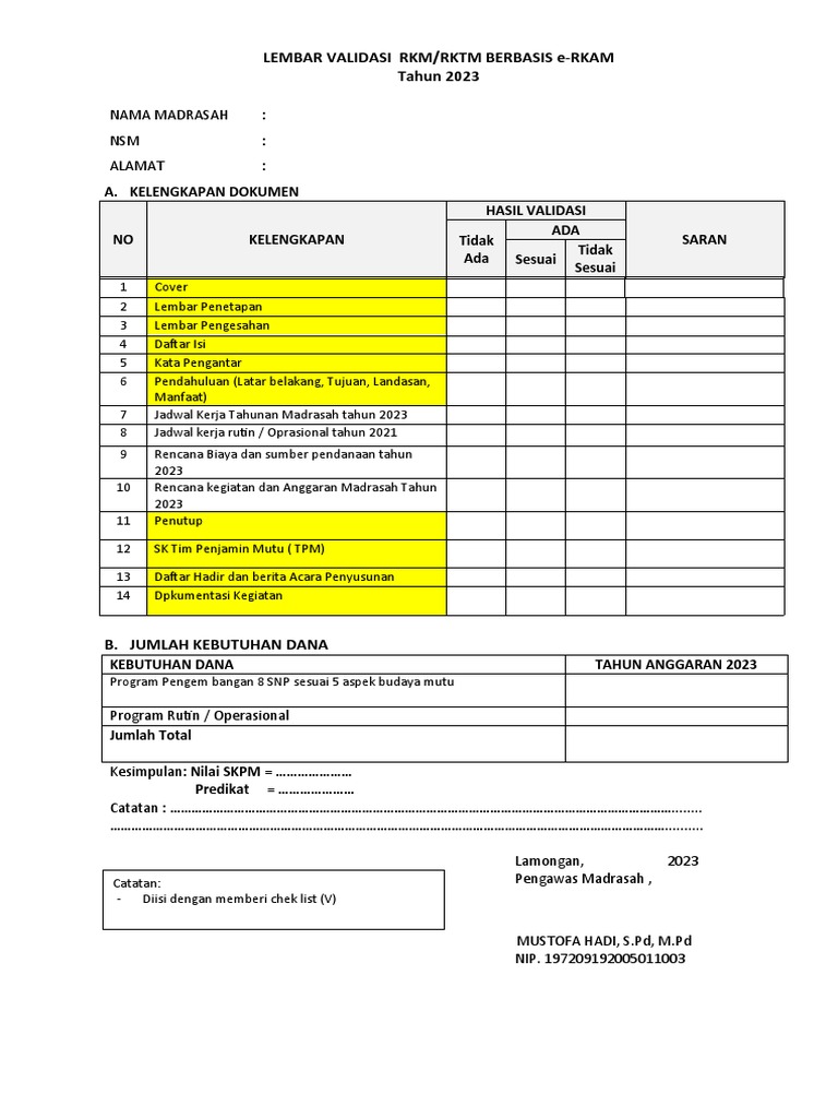 LEMBAR CEK LIST RKTM 2023 - New | PDF