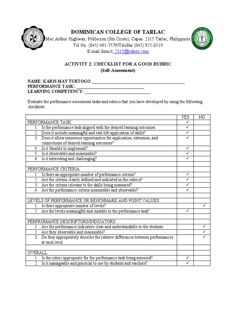 Activity 2 Rubric Self - Assessment | PDF | Rubric (Academic) | Evaluation