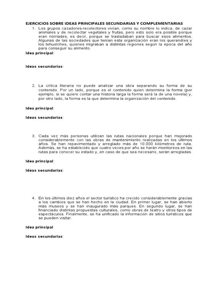 Tarea de Ejercicios Sobre Ideas Principales Secundarias y Complementarias - 1176830093 | PDF ...