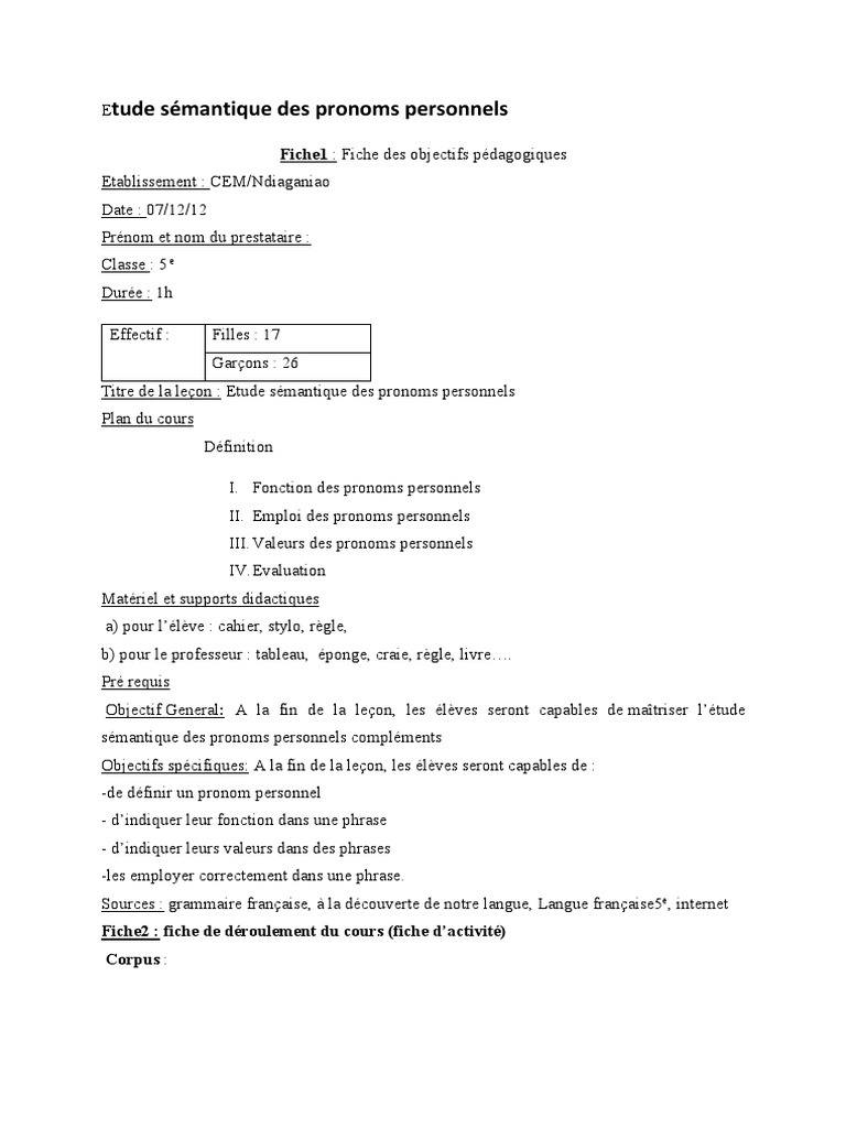 Tude Sémantique Des Pronoms Personnels: Fiche1: Fiche Des Objectifs ...