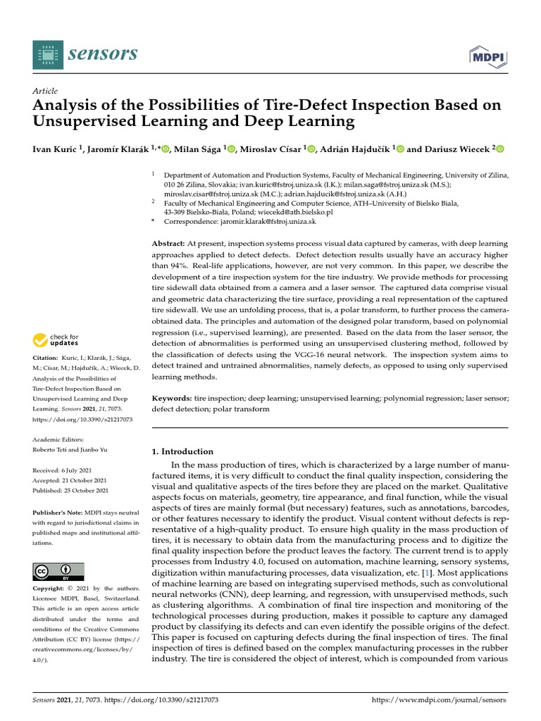 Sensors: Analysis of The Possibilities of Tire-Defect Inspection Based On Unsupervised Learning ...