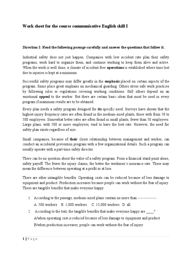 Work Sheet For Communicative English I | PDF