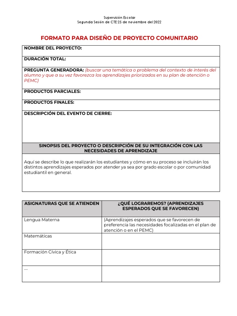 Formato para Diseño de Proyecto Comunitario | PDF | Evaluación ...