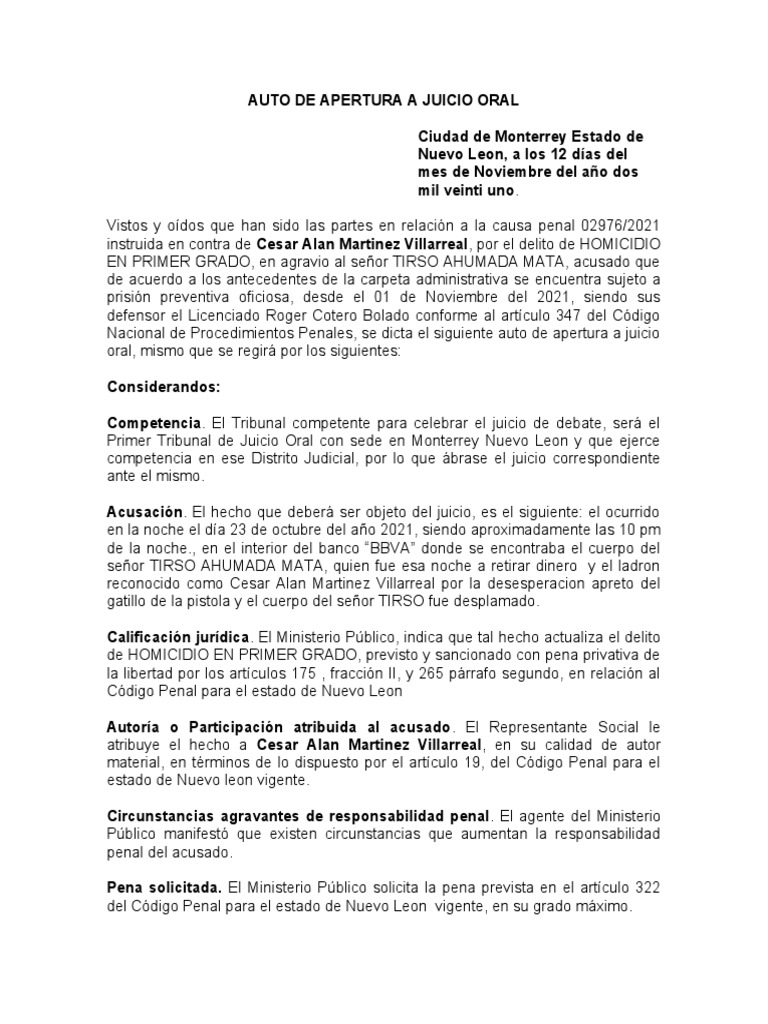 Escrito de Auto de Apertura A Juicio Oral | PDF