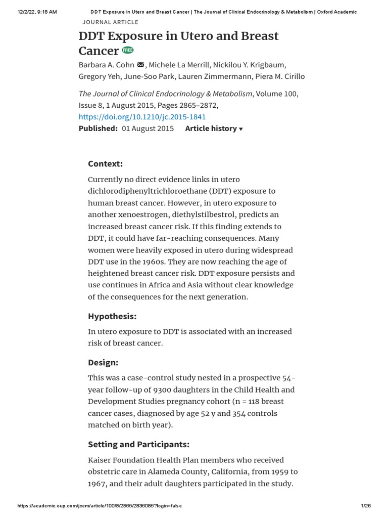 DDT Exposure in Utero and Breast Cancer - The Journal of Clinical ...