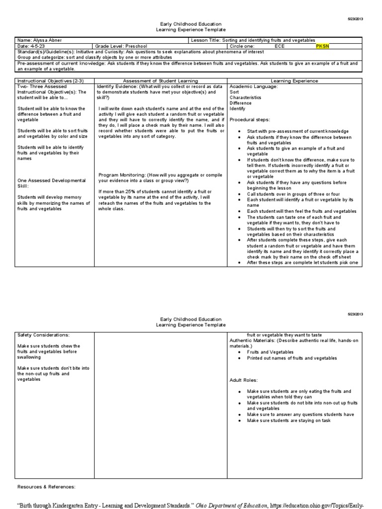 313 Sorting and Identifying Fruits and Vegetables Lesson Plan 1 | PDF