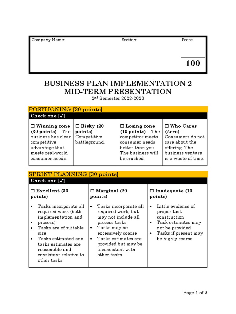 Business Plan Implementation 2 Mid Term Presentation Scoring Rubric | PDF Business Plan Implementation 2 Mid Term Presentation Scoring Rubric | PDF