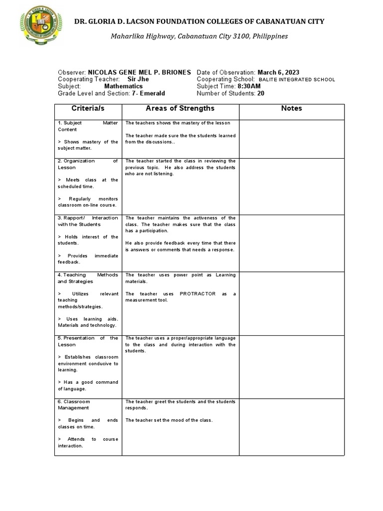 Observation Report: Math Class Review | PDF