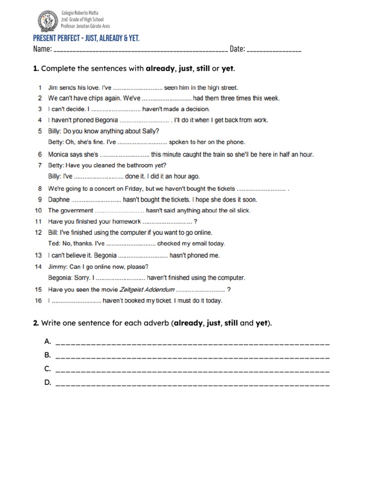 Present Perfect Adverbs Exercises | PDF