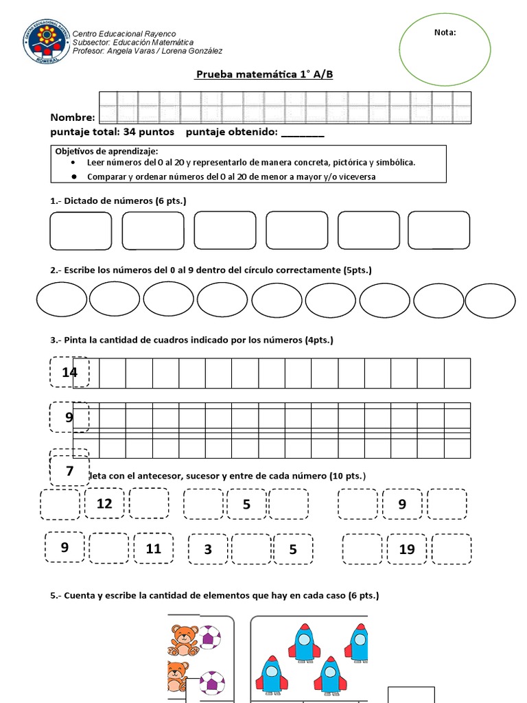 Prueba Matemática 1° Básico | PDF
