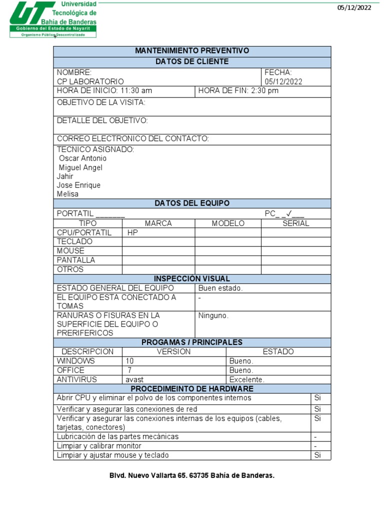 Formato MaNtenimiento Preventivo | PDF | Software del sistema | Arquitectura de Computadores