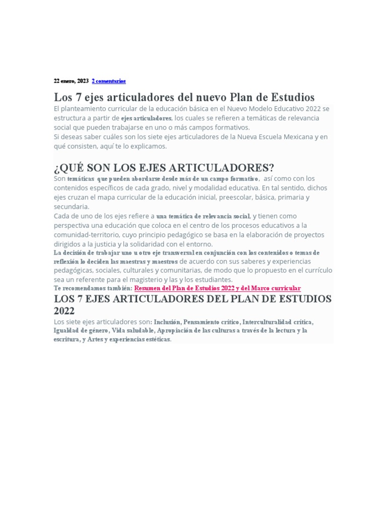 Los 7 Ejes Articuladores Del Nuevo Plan de Estudios | PDF | Plan de estudios | Inclusión (Educación)