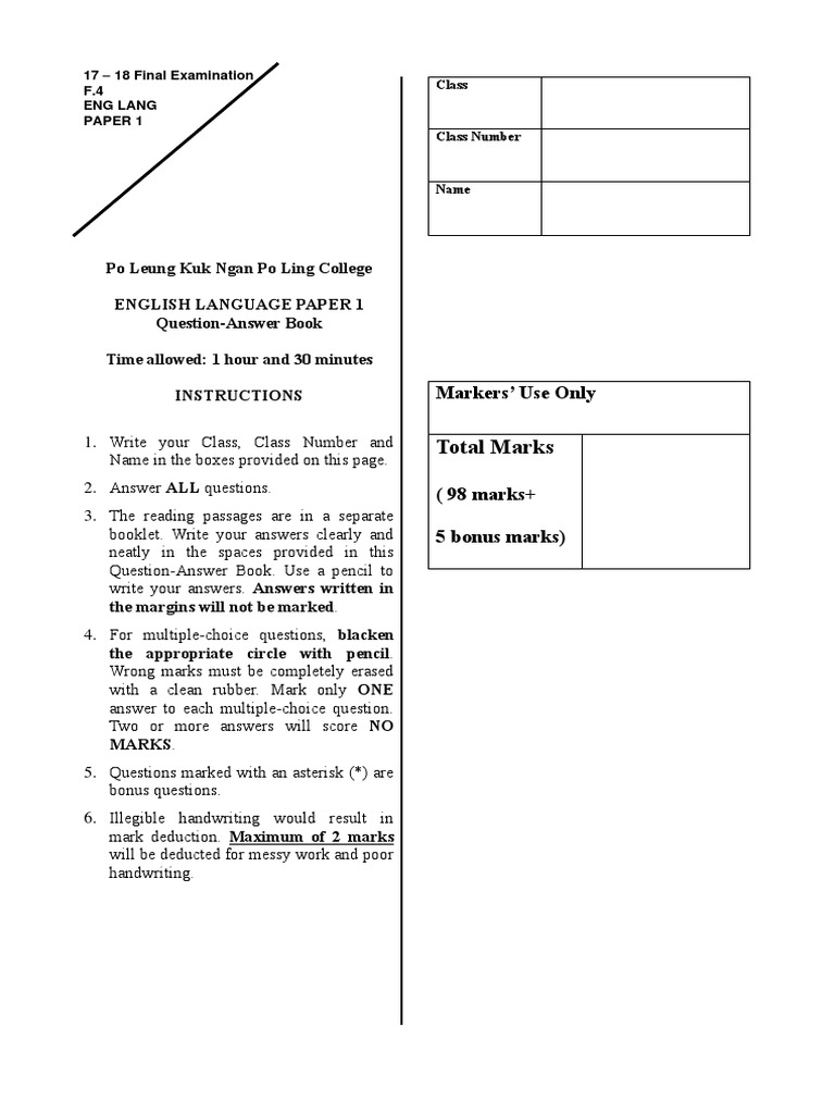 Po Leung Kuk Ngan Po Ling College English Language Paper 1 Question ...