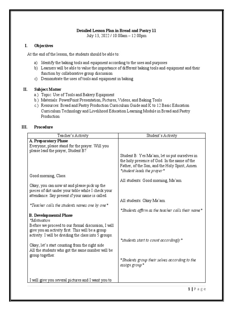 Detailed Lesson Plan in Bread and Pastry 11 | PDF | Baking | Cookware ...