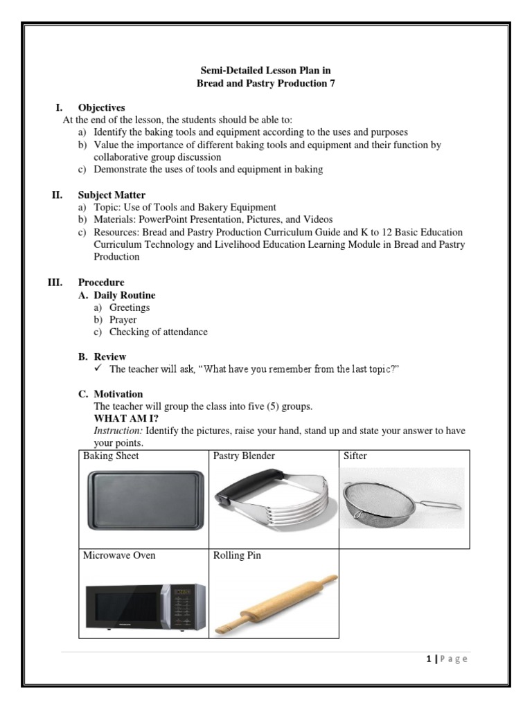 Baking Tools and Equipment Lesson Plan | PDF | Career & Growth | Art