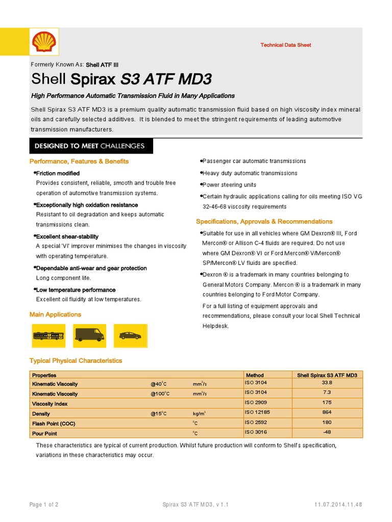 Shell Spirax S3 Atf Md3: Performance, Features & Benefits | PDF | Liquids | Mechanical Engineering