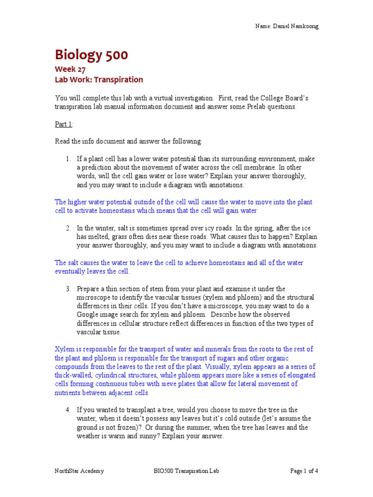 AP BIO BIO500 Transpiration Lab | PDF | Leaf | Tissue (Biology)