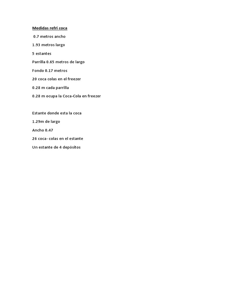 Medidas Refri Coca | PDF | Cocina, comidas y vino | Estilo de vida
