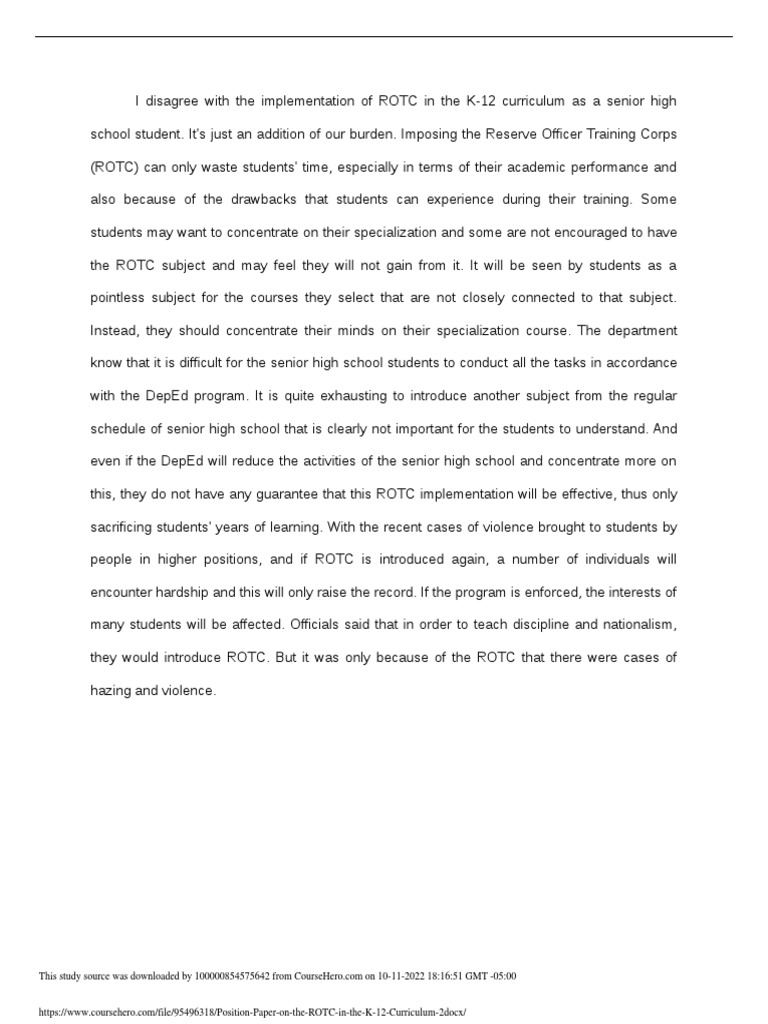 Position Paper On The ROTC in The K 12 Curriculum 2 | PDF | Reserve ...