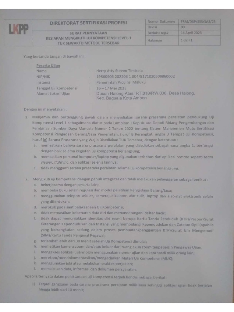 Herry Atty Steven Timisela - Surat Pernyataan | PDF