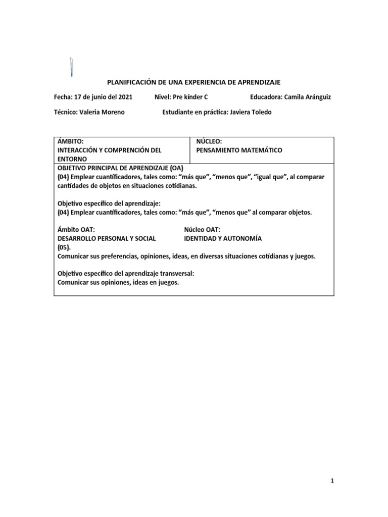 Planificación Pensamiento Matematico, Pre Kinder | PDF | Aprendizaje ...