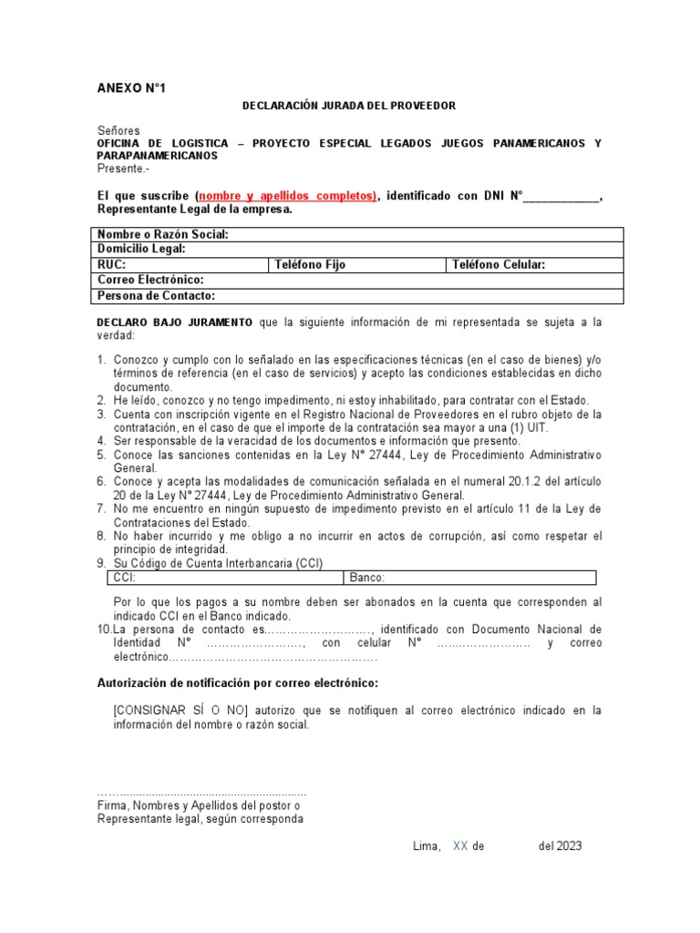 Anexo - Declaracion Jurada Del Proveedor | PDF