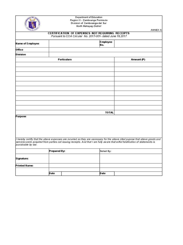 Certification Expenses Not Requiring Receipts: Pursuant To COA Circular ...