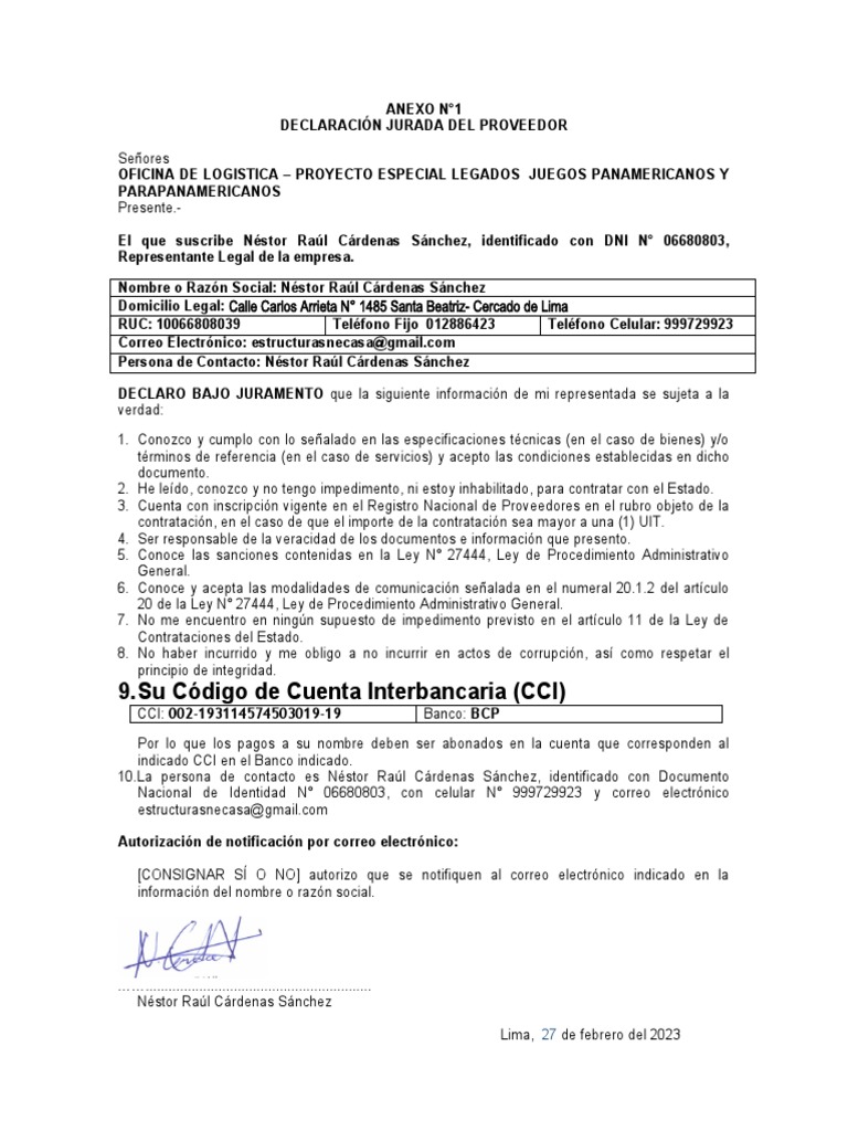 1.-Anexo N 01 - Declaracion Jurada Del Proveedor | PDF