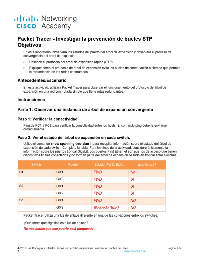 5.1.9 Packet Tracer - Investigate STP Loop Prevention | PDF | Ciencia y ...