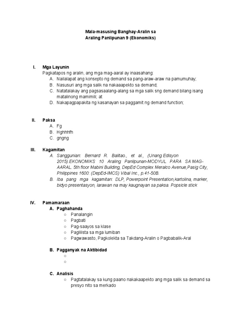 Mala-Masusing Banghay-Aralin Sa Araling Panlipunan 9 (Ekonomiks) | PDF