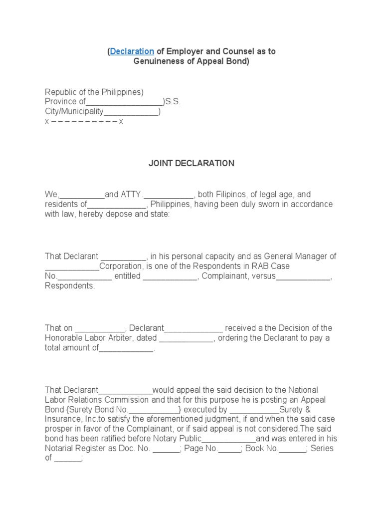 Declaration of Employer and Counsel As To Genuineness of Appeal Bond | PDF