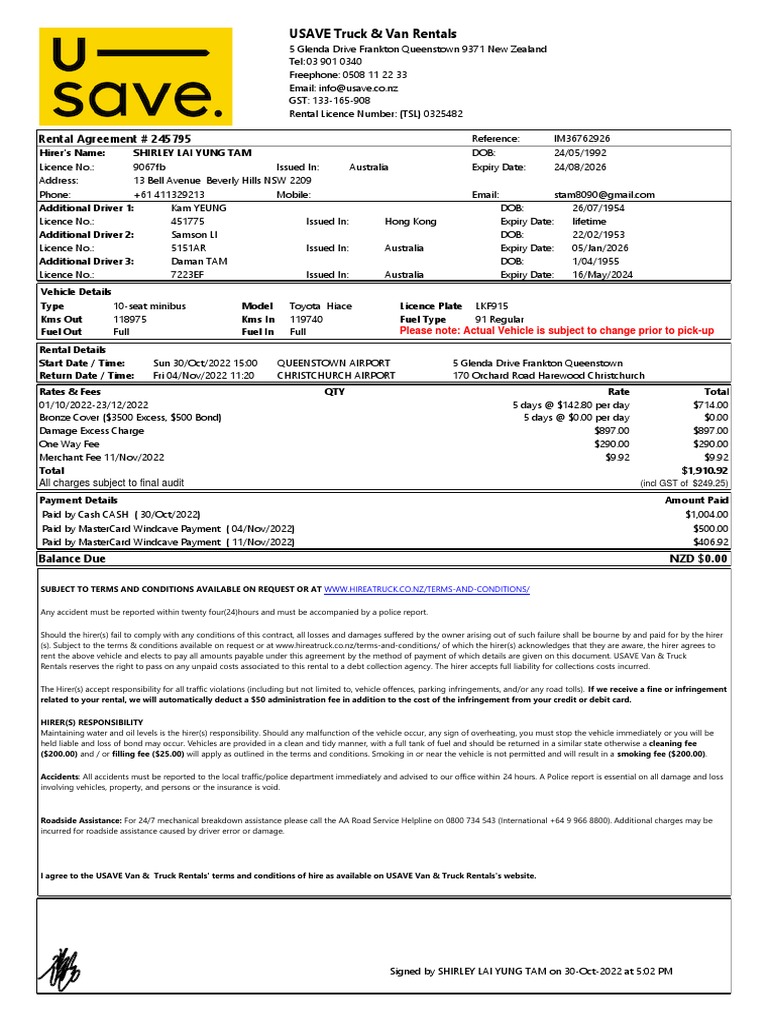 Rental Agreement # 245795: USAVE Truck & Van Rentals | PDF | Payments ...