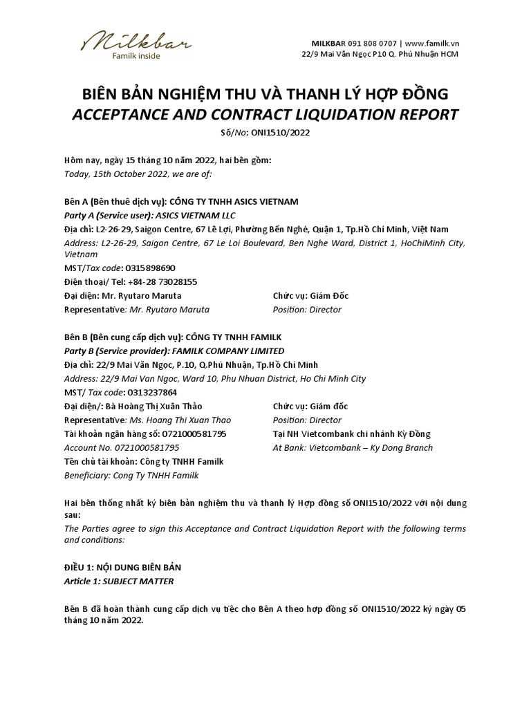 MILKBAR - ACCEPTANCE AND CONTRACT LIQUIDATION REPORT (Final) | PDF