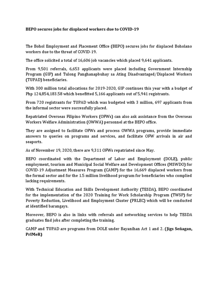 BEPO Secures Jobs For Displaced Workers Due To COVID | PDF | Business