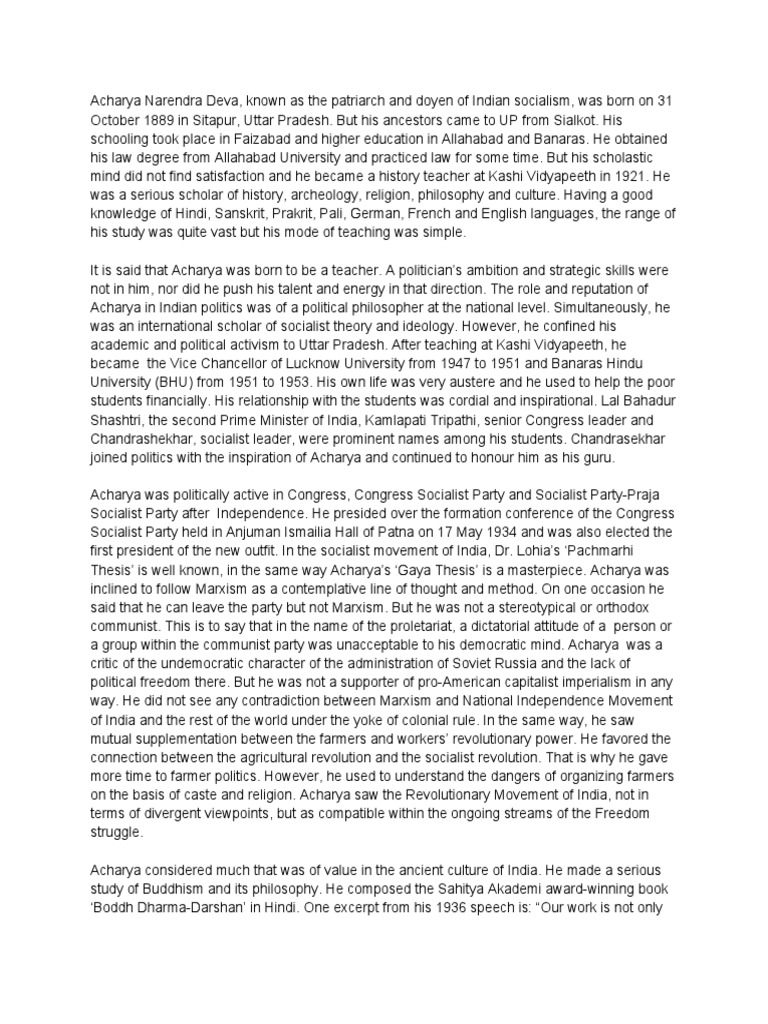 Acharya Narendra Deva, Known As The Patriarch and Doyen of Indian Socialism, Was Born On 31 ...