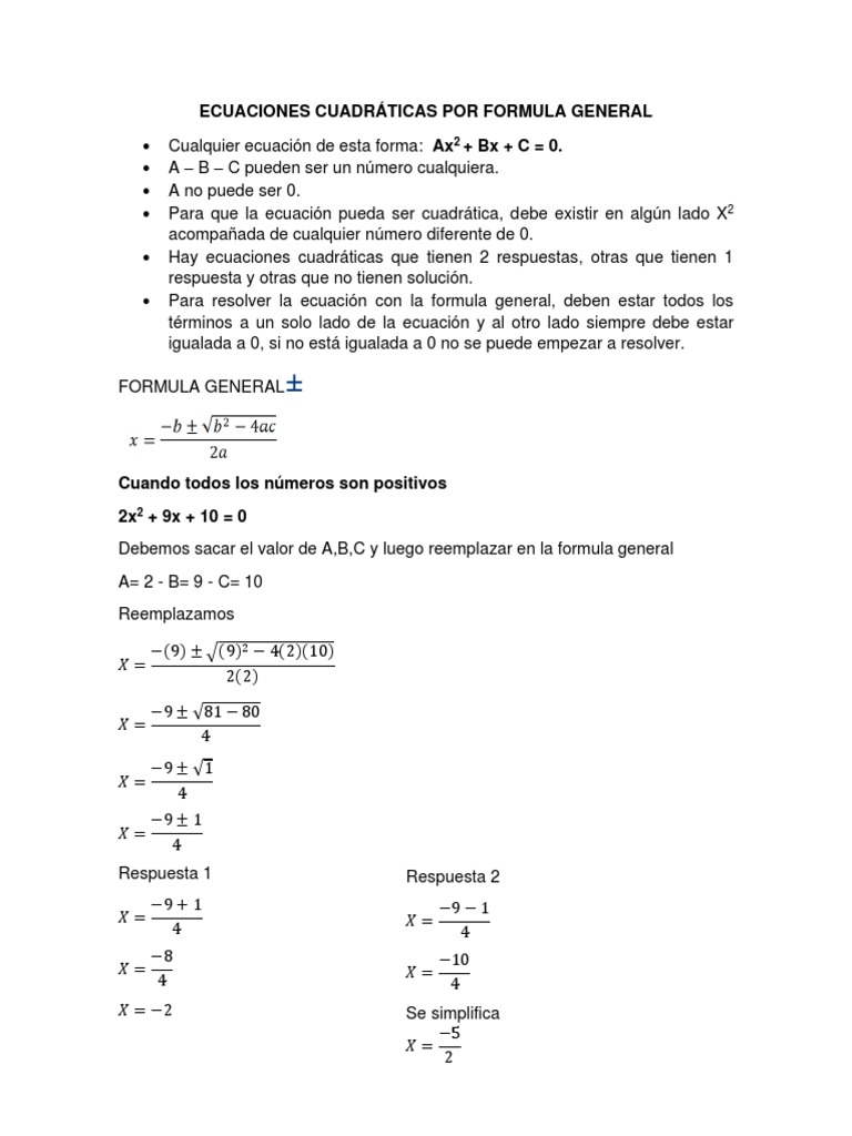 Ecuaciones Cuadráticas Por Formula General | PDF