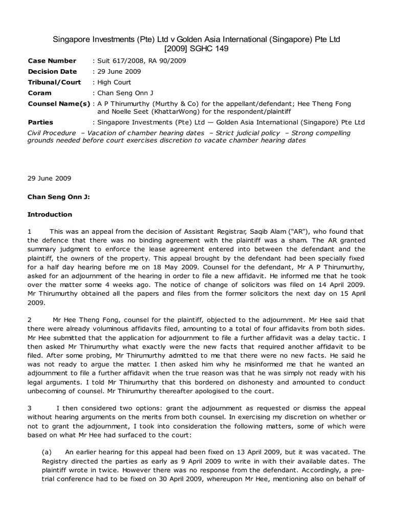 Singapore Investments (Pte) LTD V Golden Asia International (Singapore ...
