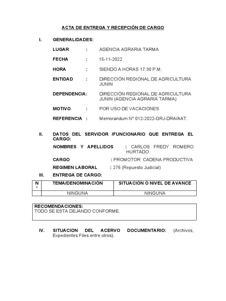 Acta de Entrega y Recepcion de Cargo | PDF