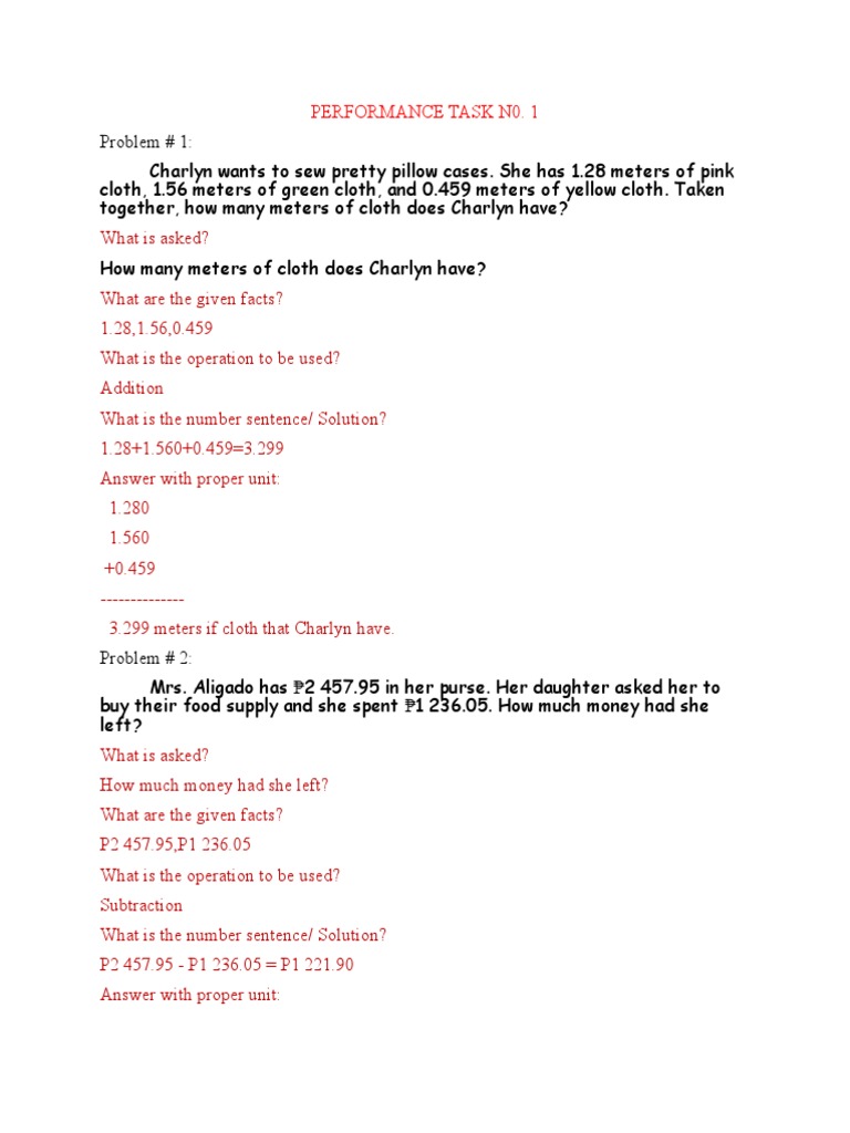 PERFORMANCE TASK N0 1-Q1 - Decimals | PDF