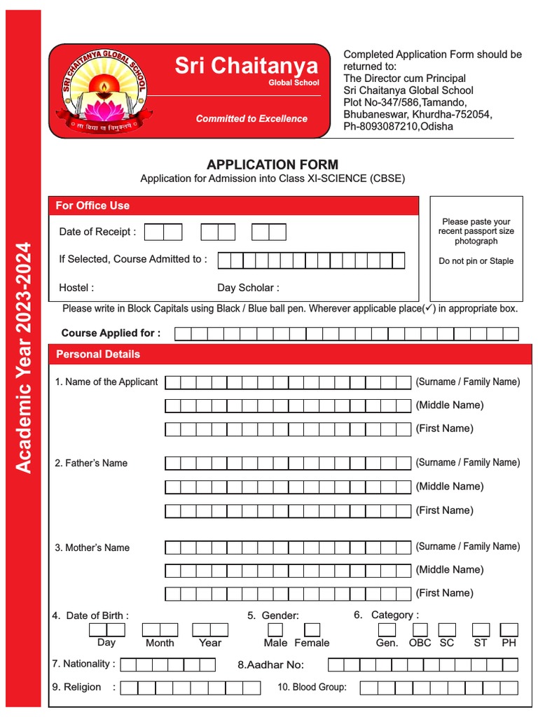 Sri Chaitanya Class XI Admission Form | PDF