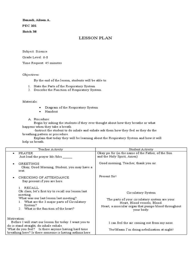Lesson Plan: Bensali, Aileen A. PEC 101 Batch 38 | PDF | Respiratory Tract | Lung