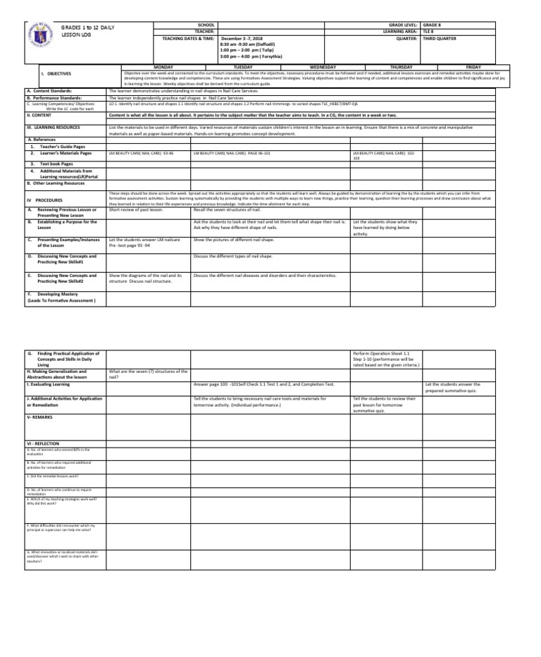 Grade 8 Nail Care Lesson Plan | PDF | Learning | Teachers